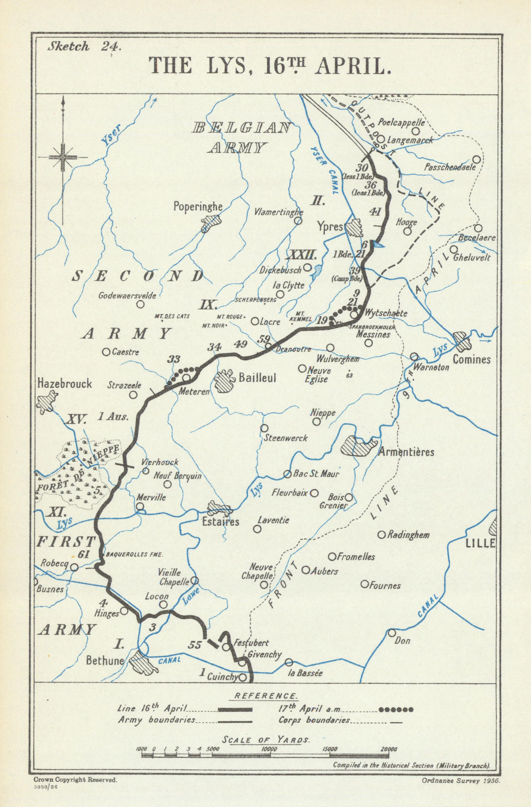 Battle of the Lys. 16 April 1918. First World War 1937 old vintage map ...
