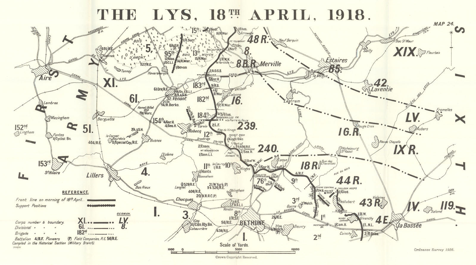 Battle of the Lys. 18 April 1918. First World War 1937 old vintage map ...