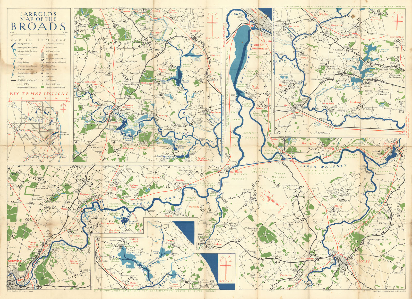 Jarrold’s Map of the Norfolk Broads. Mid-century leisure map by Freda ...