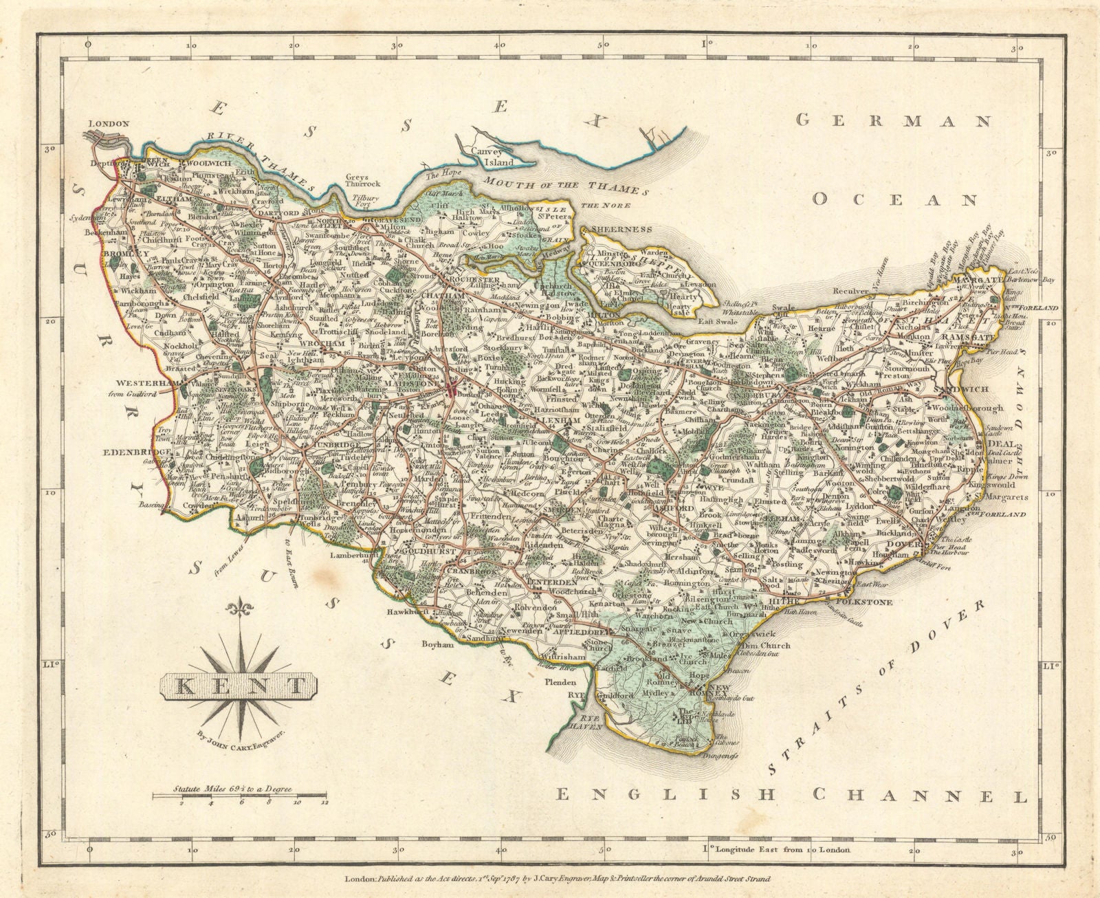 Antique county map of KENT by JOHN CARY. Original outline colour 1787 ...