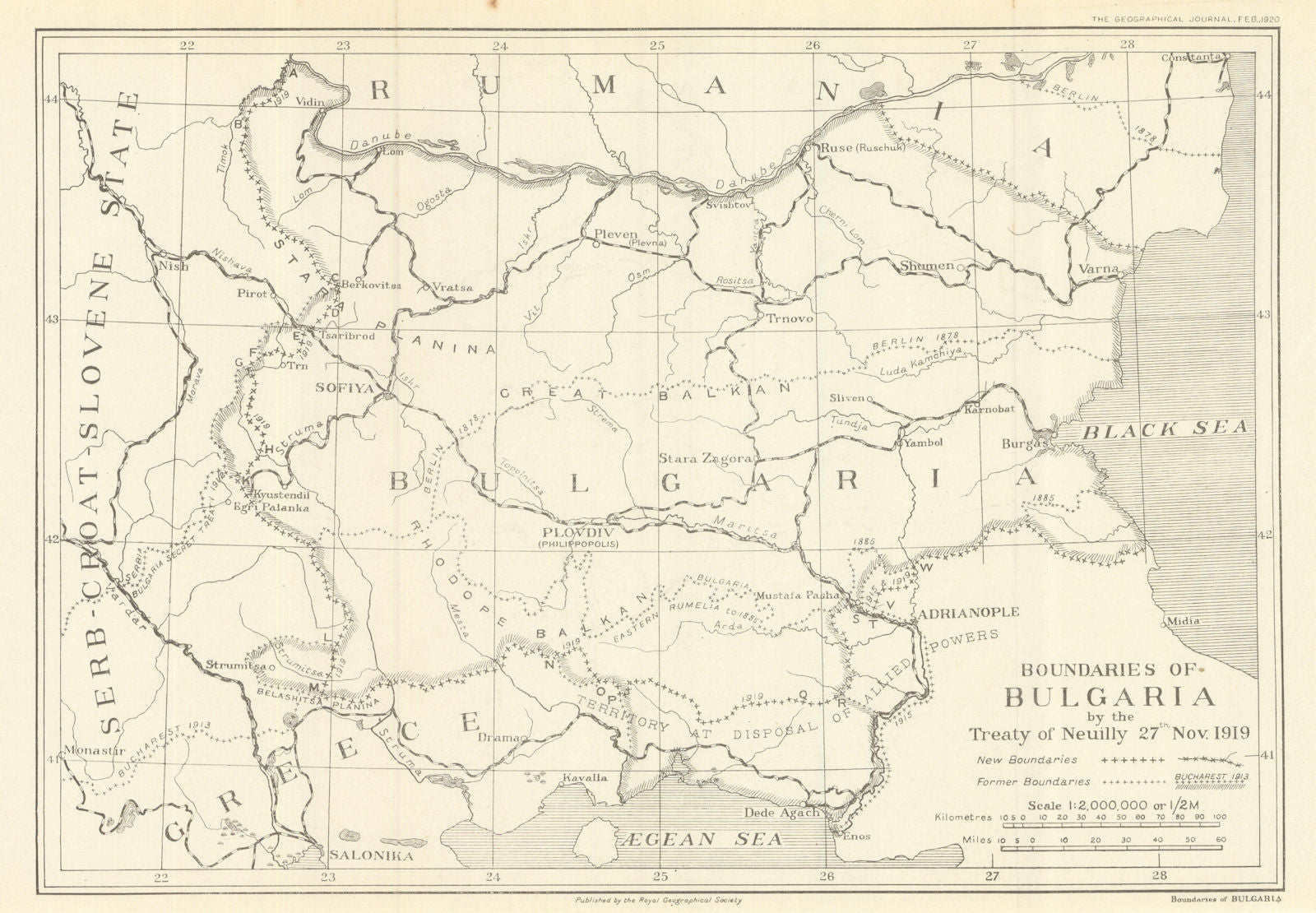 Boundaries of Bulgaria by the Treaty of Neuilly, 27 November 1919. RGS ...