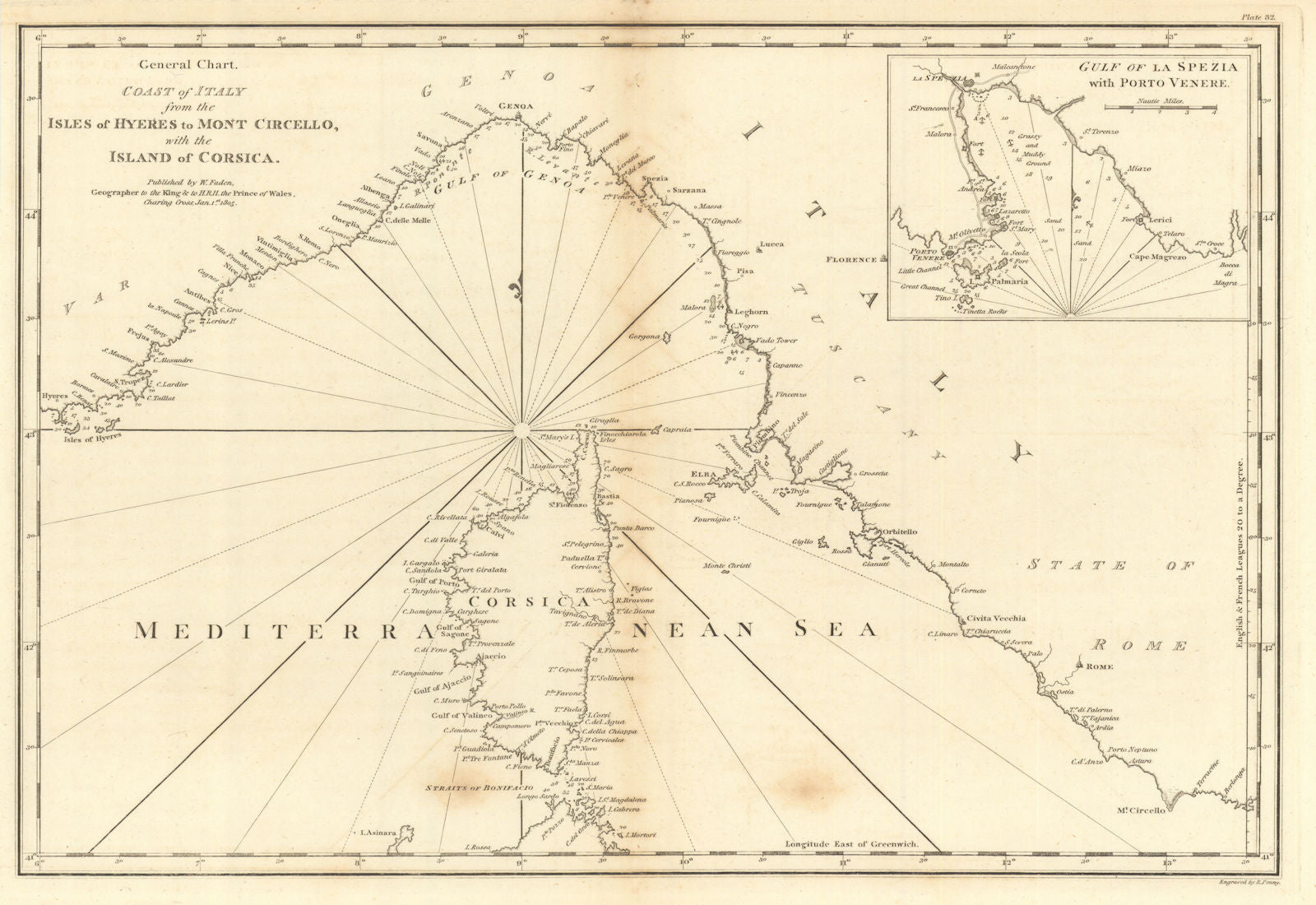 General Chart. Coast of Italy— Hyeres to Mont Circello & Corsica. Faden ...