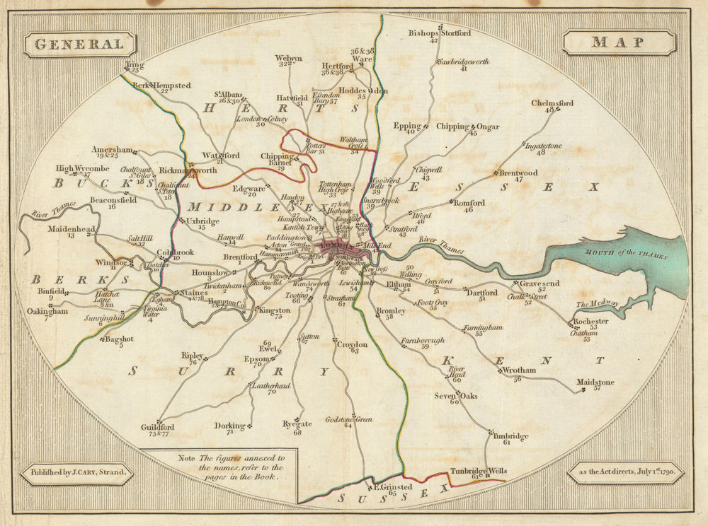 General Map of London Turnpike Roads. Antique map by John Cary 1790 old ...