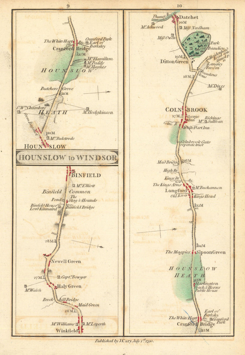 Binfield / Hounslow—Colnbrook—Datchet. Cary turnpike road strip map ...