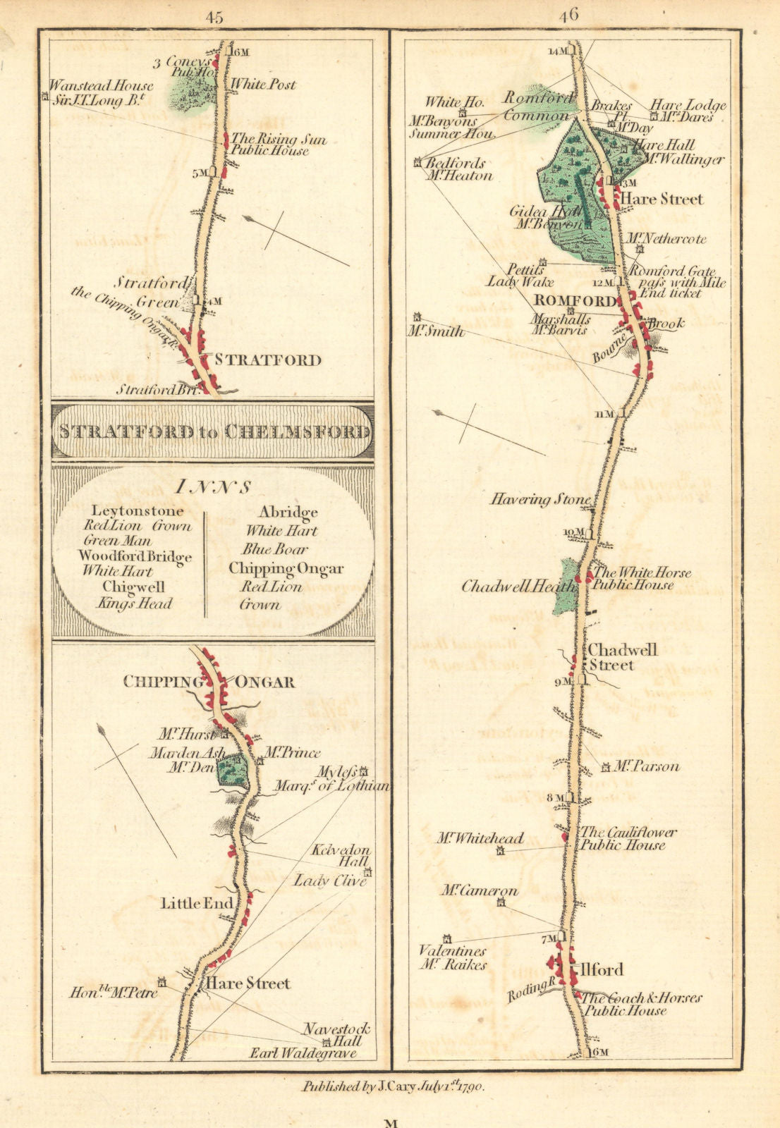 Chipping Ongar / Stratford—Ilford—Romford. Cary turnpike road strip map ...