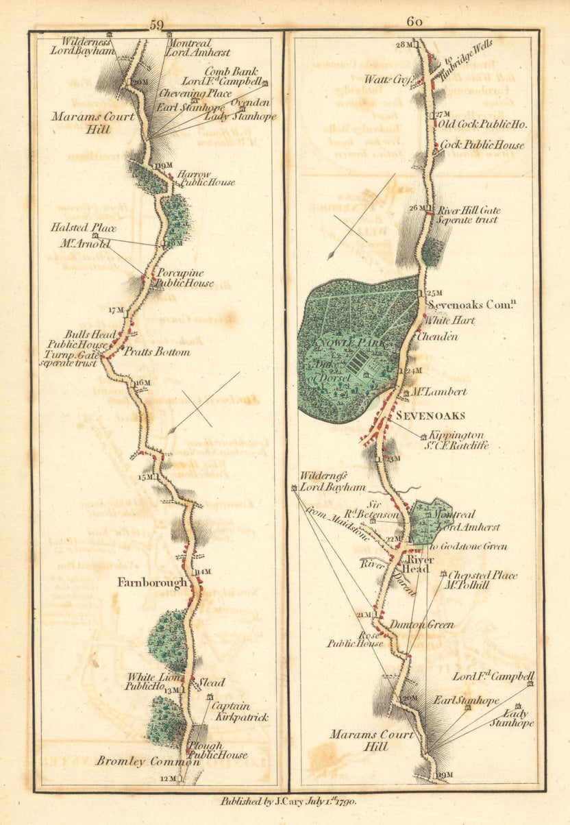 Bromley—Farnborough—River Head—Sevenoaks. Cary turnpike road strip map ...