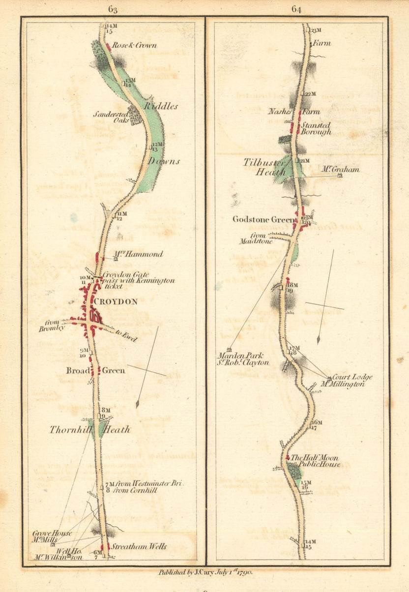 Streatham—Croydon—Sanderstead—Godstone. Cary turnpike road strip map ...