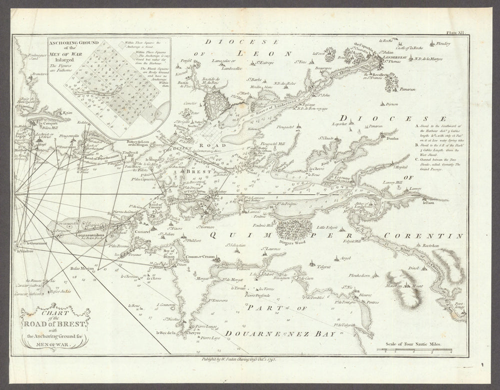 The Road of Brest, with anchoring ground for Men of War. Faden 1793 old ...