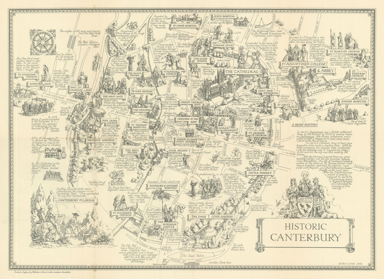 Historic Canterbury—Estra Clark—decorative vintage pictorial city plan ...