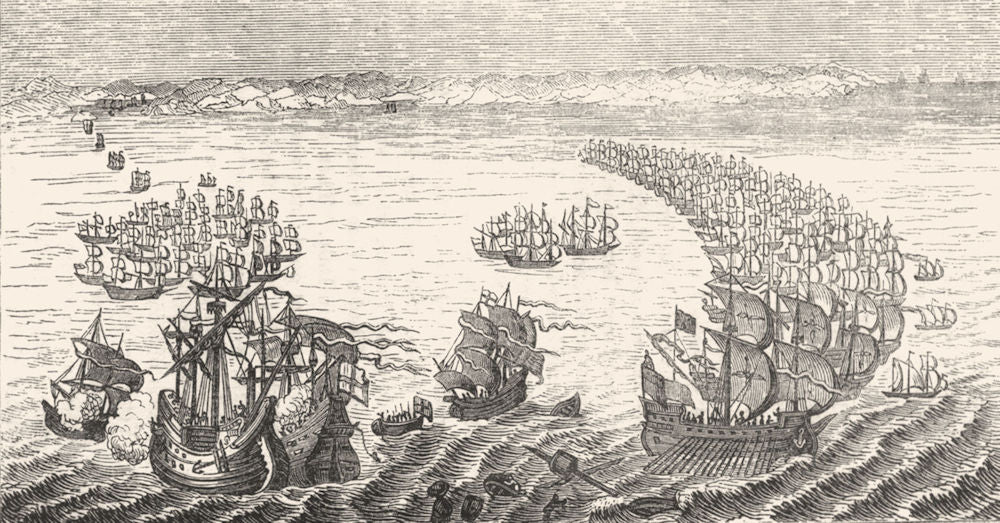 SHIPS. Spanish Armada attacked, English fleet 1845 old antique print ...