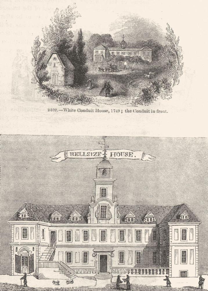 LONDON. White Conduit House 1749; Belsize 1845 old antique print ...