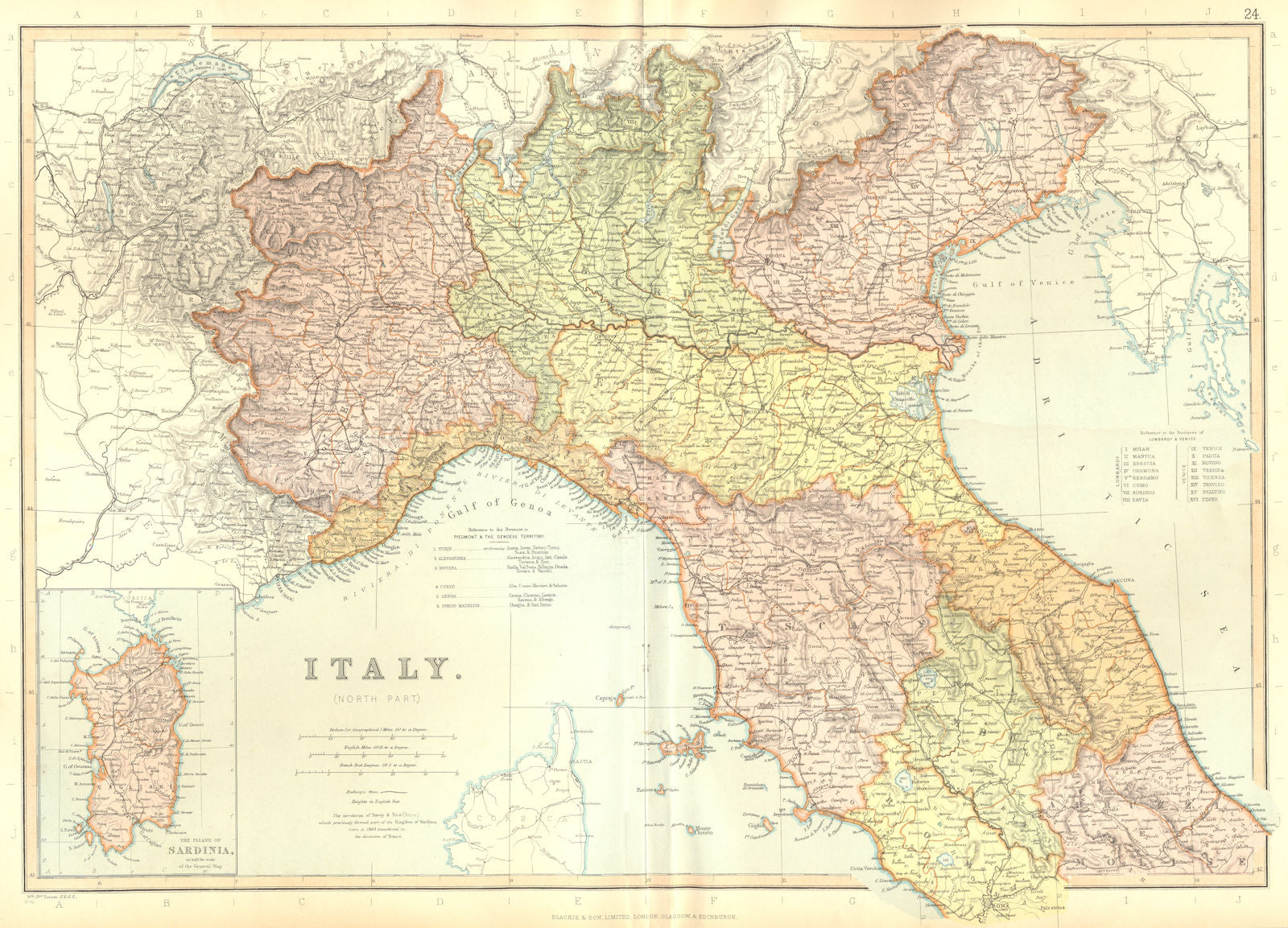 ITALY NORTH. Shows railways. Scale Italian Miles Post Leagues.BLACKIE ...