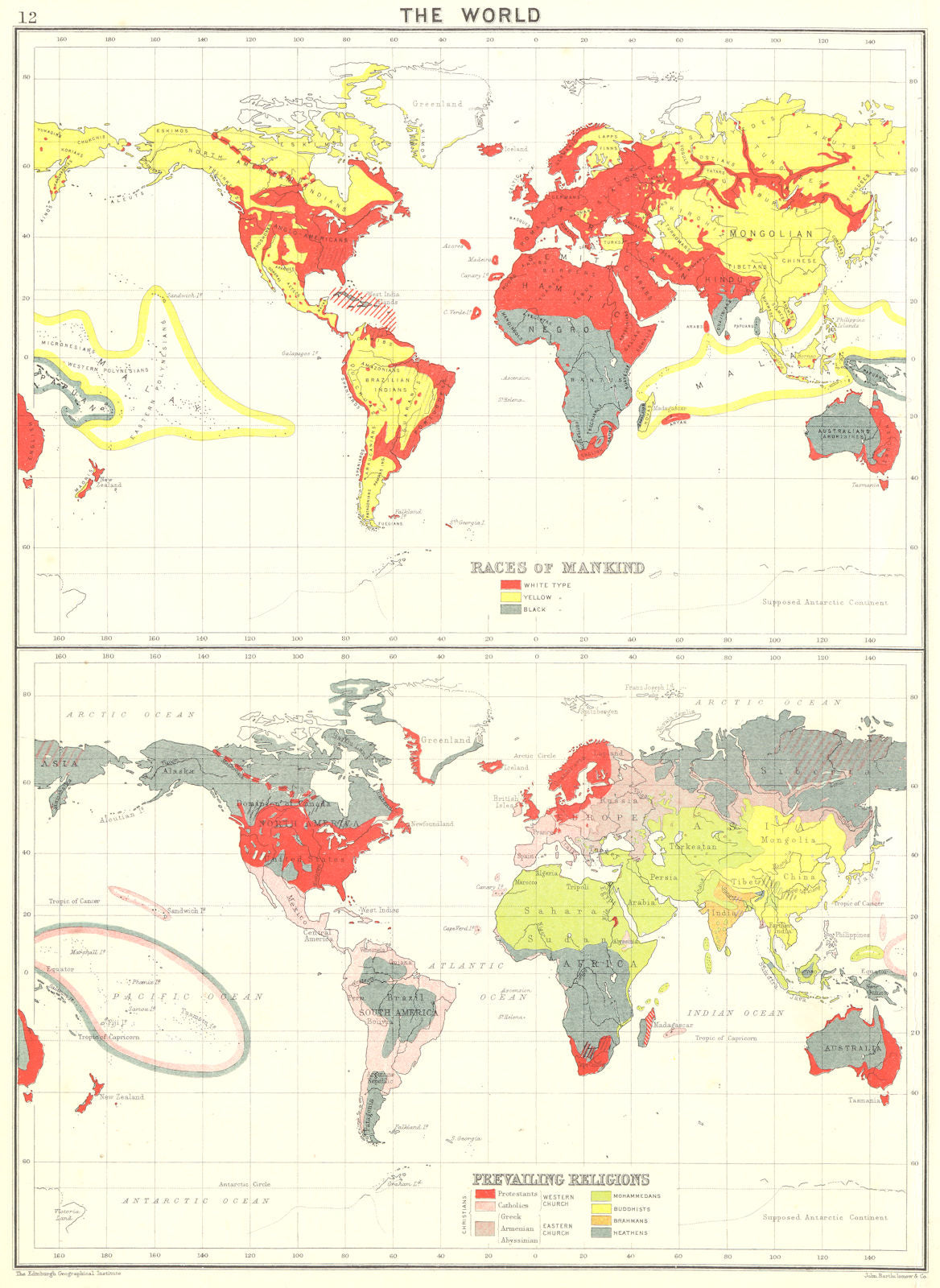 WORLD. Races of Mankind; Prevailing religions 1900 old antique map plan ...