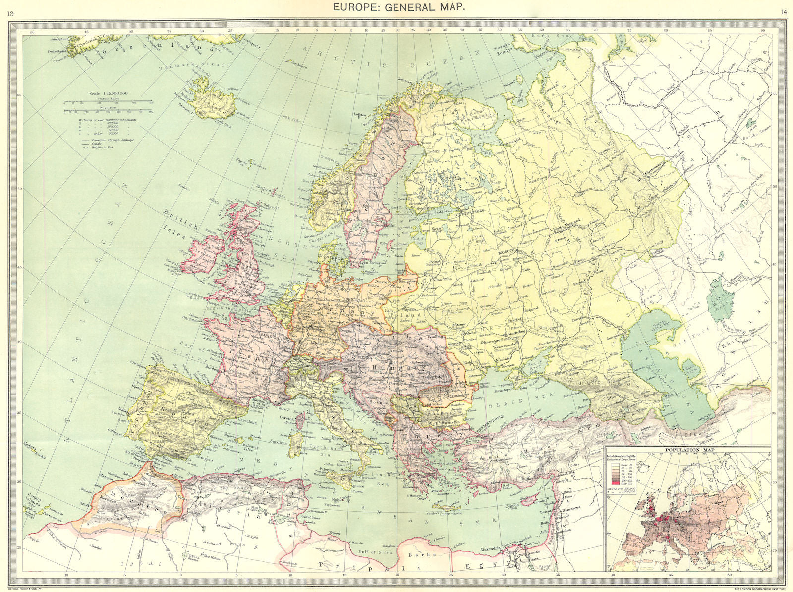 EUROPE. European. General Map; Inset map of Population map 1907 old ...