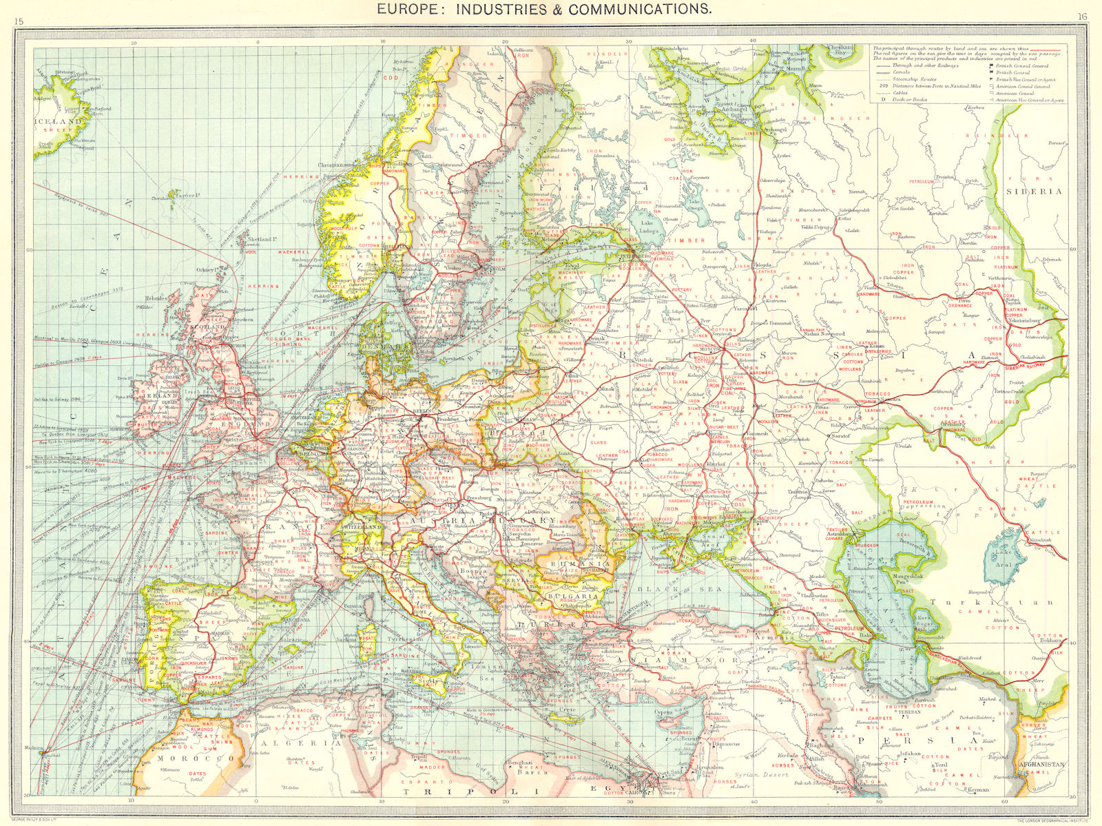 EUROPE. Europe. Industries and Communications 1907 old antique map plan ...