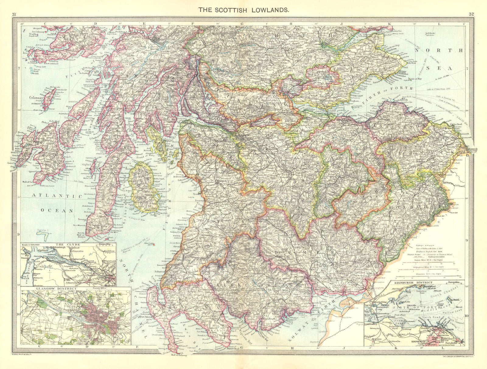 SCOTLAND. Scottish Lowlands; maps of Clyde; Glasgow District; Edinburgh ...