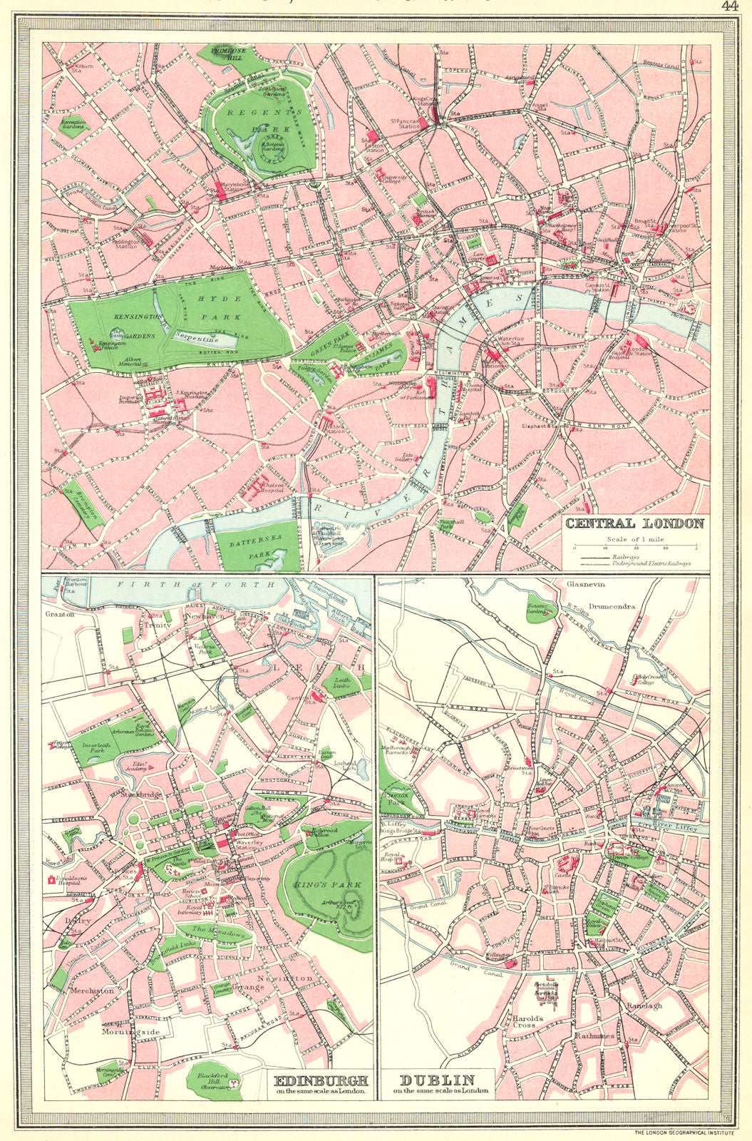 UK. Central London; Edinburgh; Dublin 1907 old antique vintage map plan ...