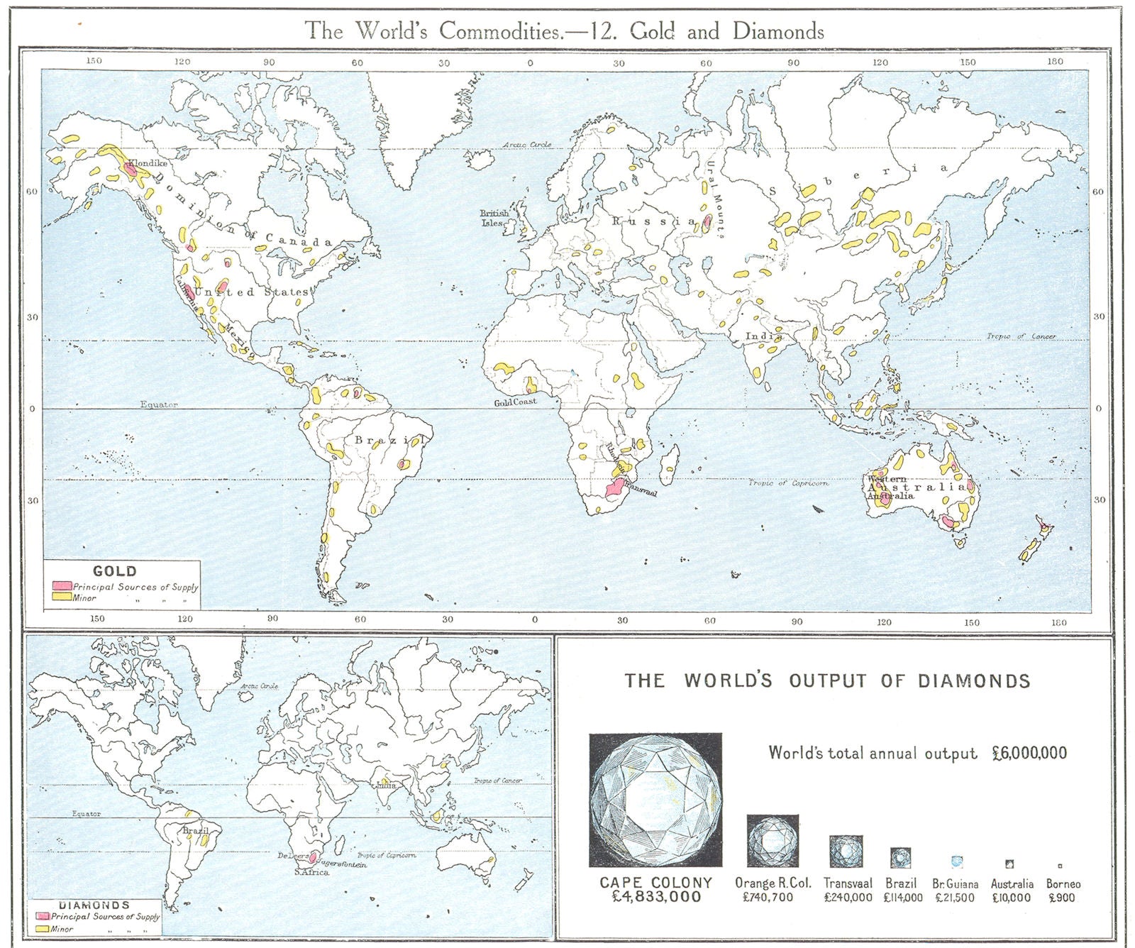 WORLD. Commodities - Sources of Gold & Diamonds 1907 antique map chart ...