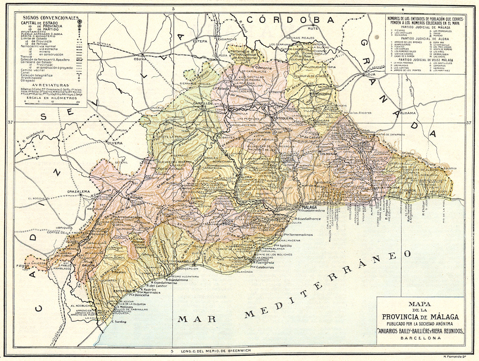 SPAIN. Mapa de la Provincia de Malaga 1913 old antique vintage plan ...