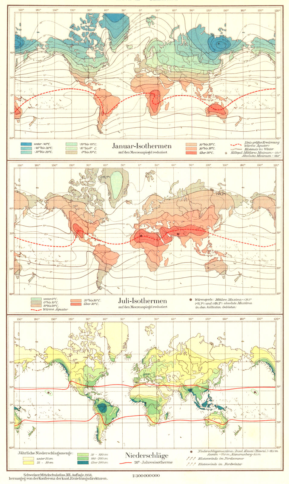 WORLD.Erde.Klima;Januar-Isothermen;Juli-;niederschlage rainfall 1958 ...