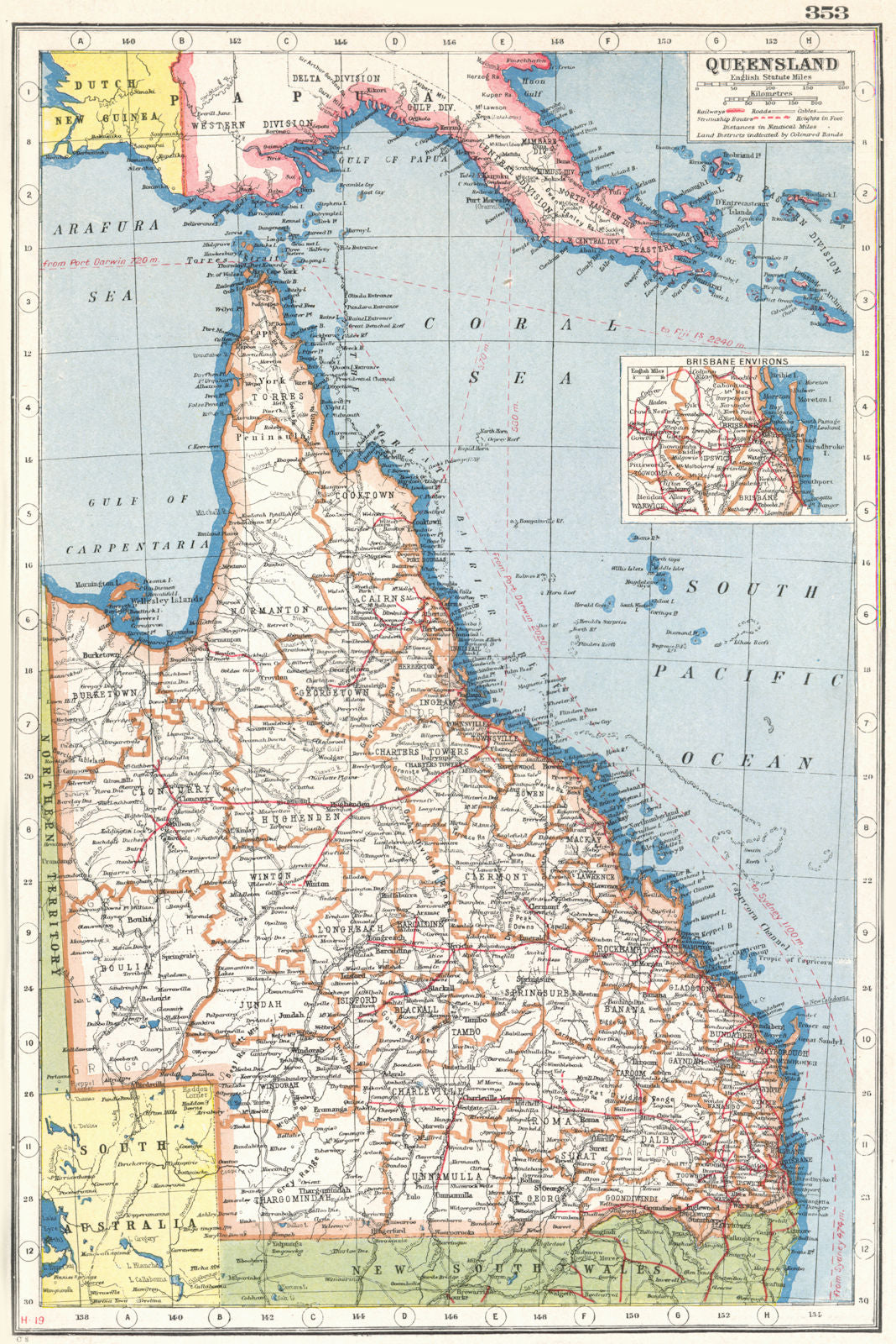 QUEENSLAND. State map showing counties. Inset Brisbane Environs 1920 ...