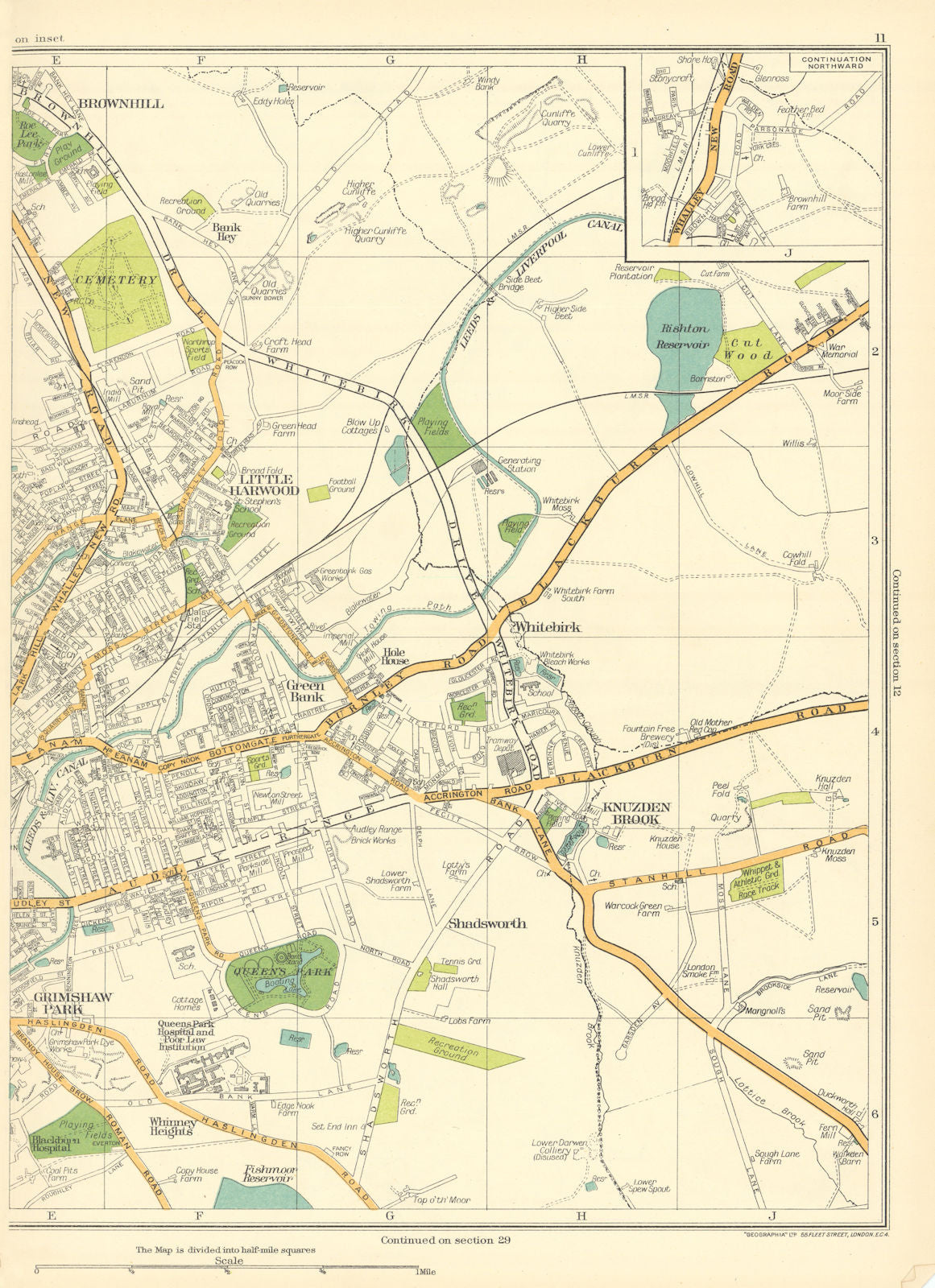 BLACKBURN Grimshaw Park Whitebirk Little Harwood Brownhill 1935 old map ...