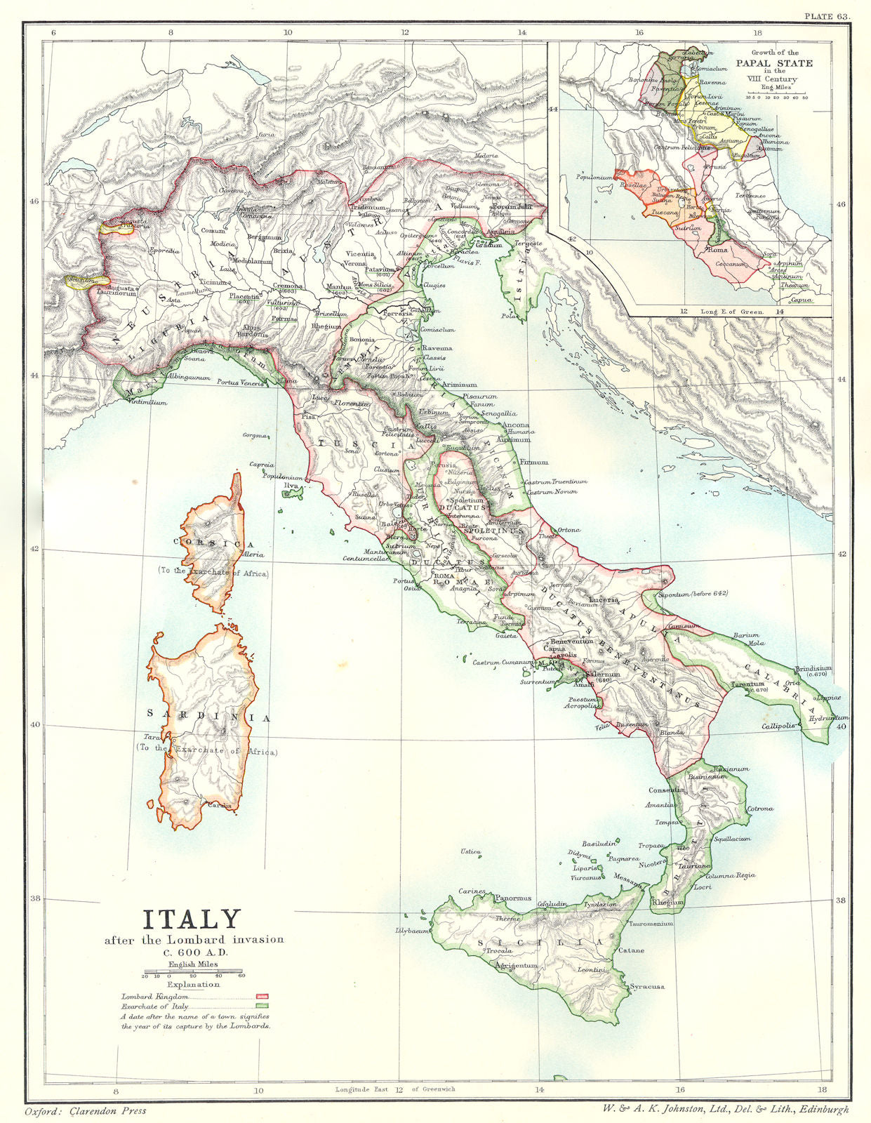 ITALY. Post Lombard invasion C 600 AD; map Growth Papal state 7 C 1903 ...