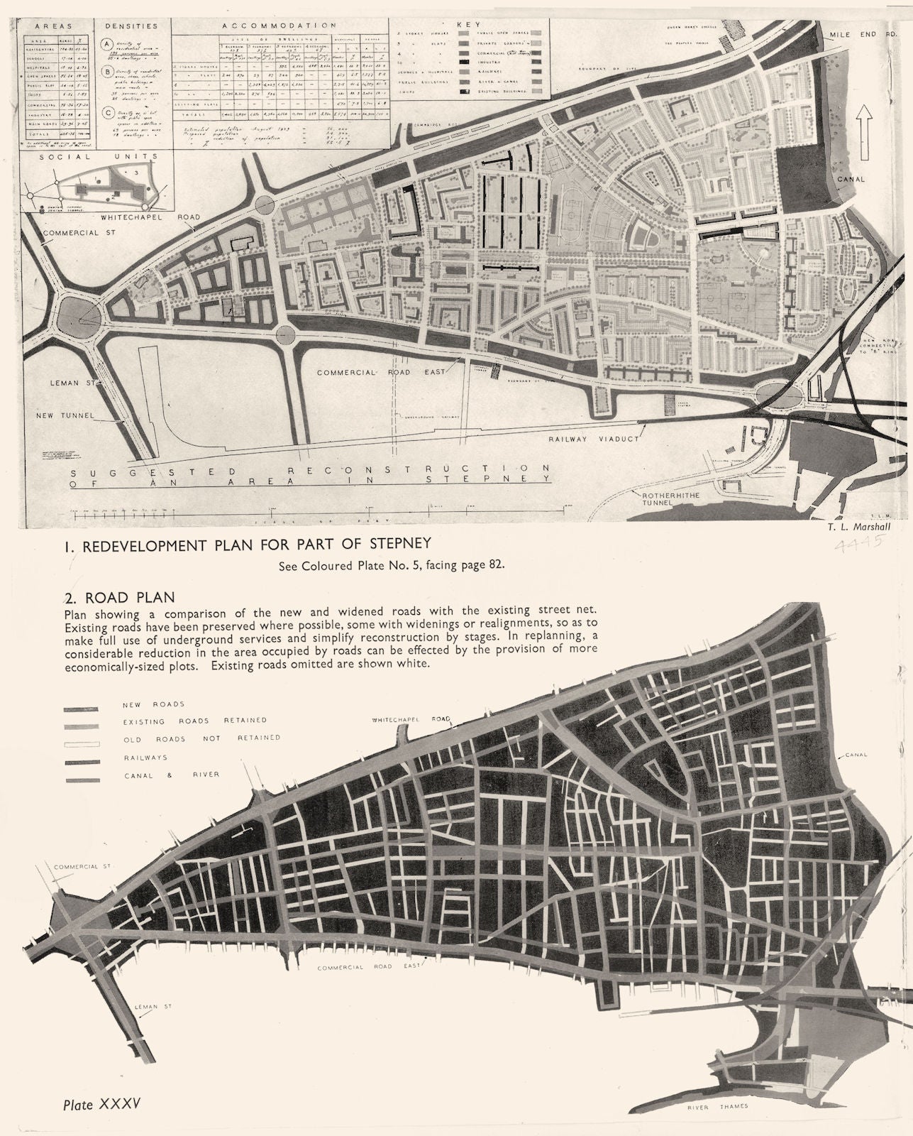 STEPNEY. Post war redevelopment plan for Stepney; Road plan 1943 old ...