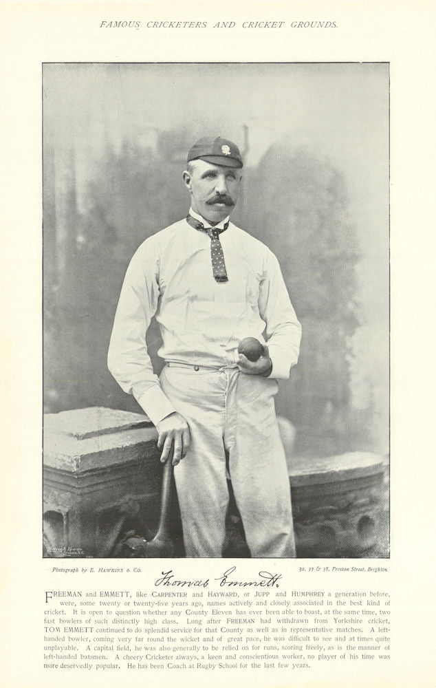 Thomas Emmett. Fast bowler. Yorkshire cricketer 1895 old antique print ...