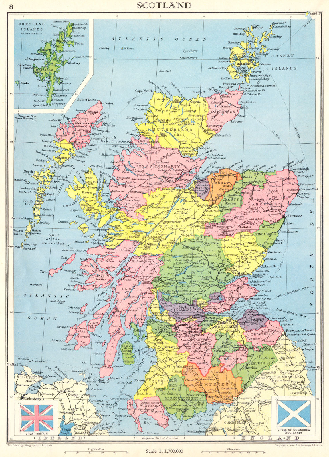 SCOTLAND. Showing counties. 1938 old vintage map plan chart ...