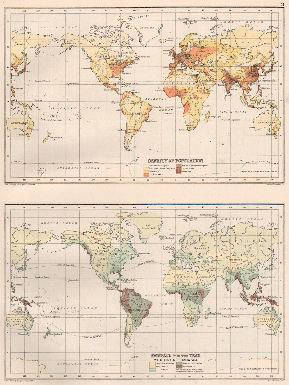 WORLD. Population Density. Rainfall. Snowfall limits. BARTHOLOMEW 1891 ...
