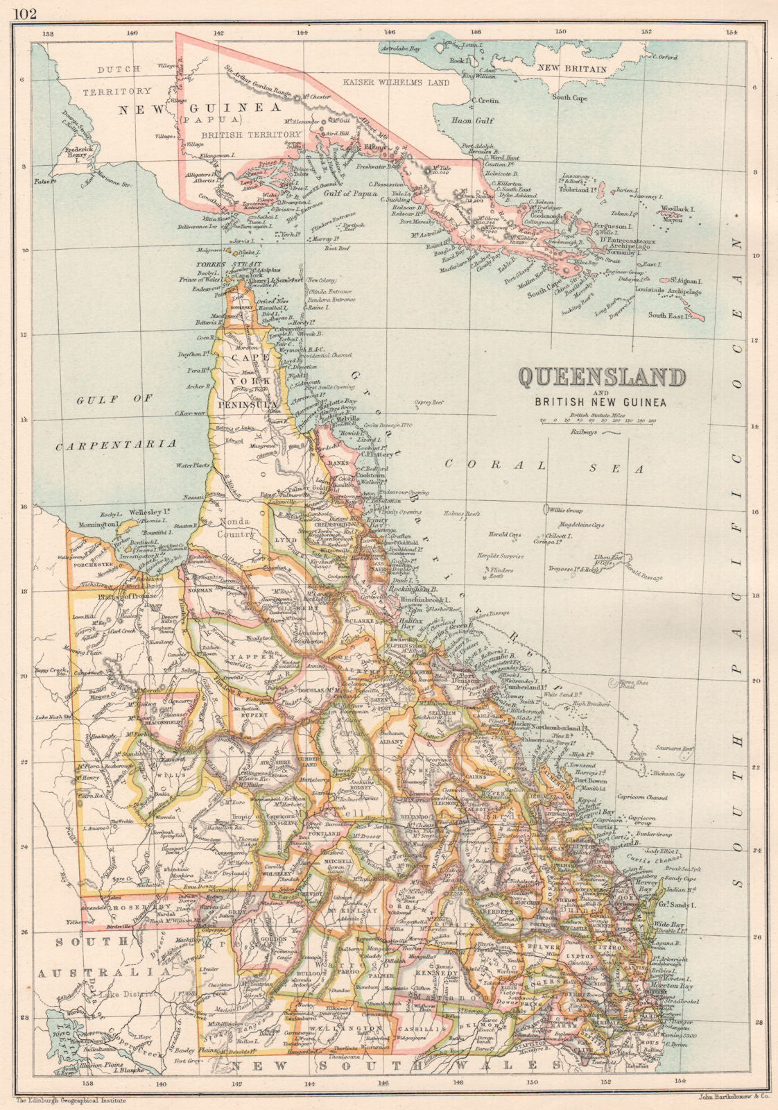 QUEENSLAND & BRITISH NEW GUINEA. State map with counties. Papua ...