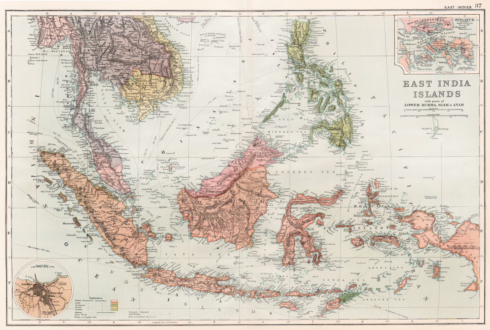 EAST INDIES. Dutch Indonesia Philippines Malaya Siam. Inset Singapore ...
