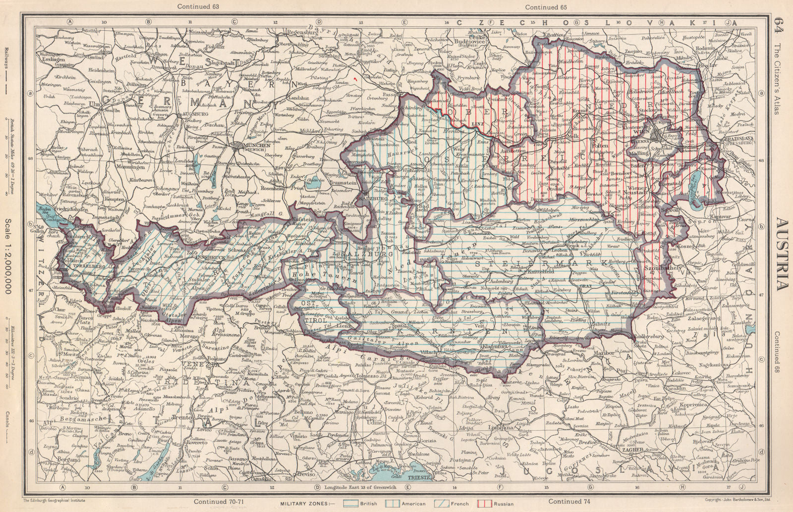 AUSTRIA. showing post WW2 military zones. British US French Russian ...