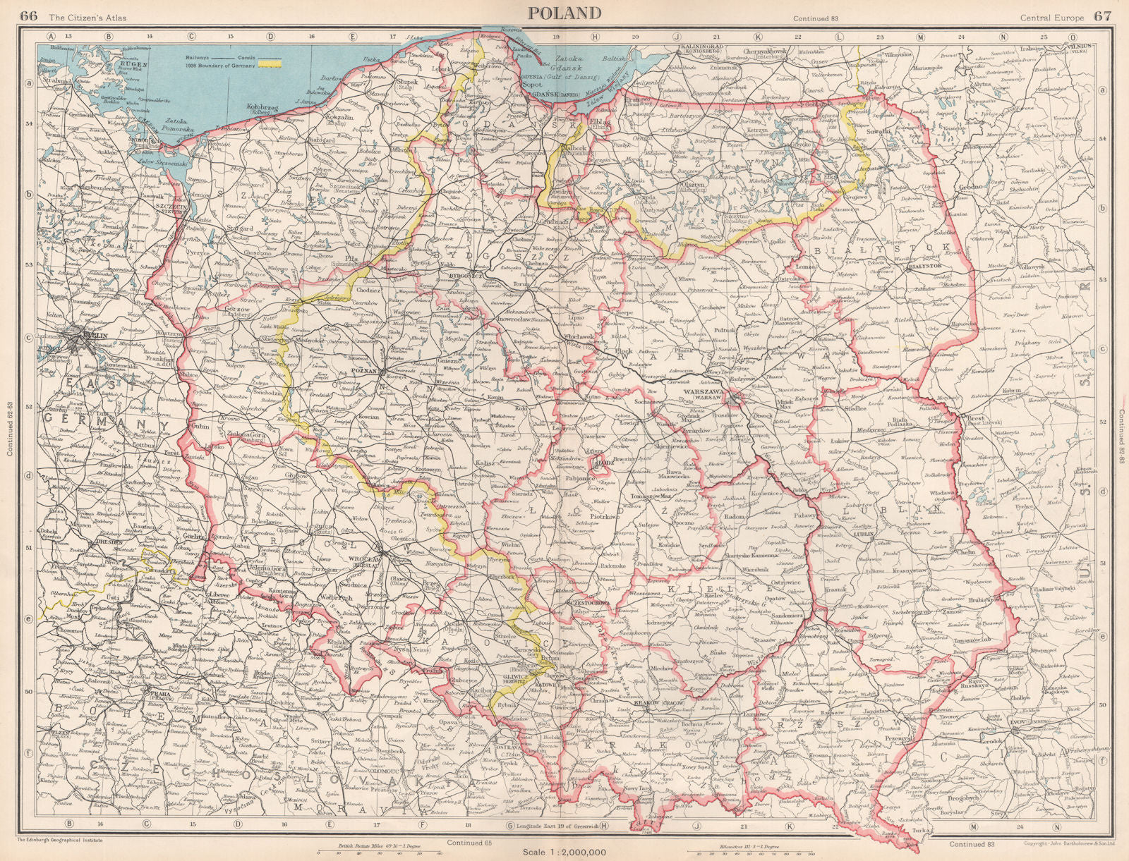POLAND. showing voivodeships/provinces/wojewodztwa & 1938 German border ...