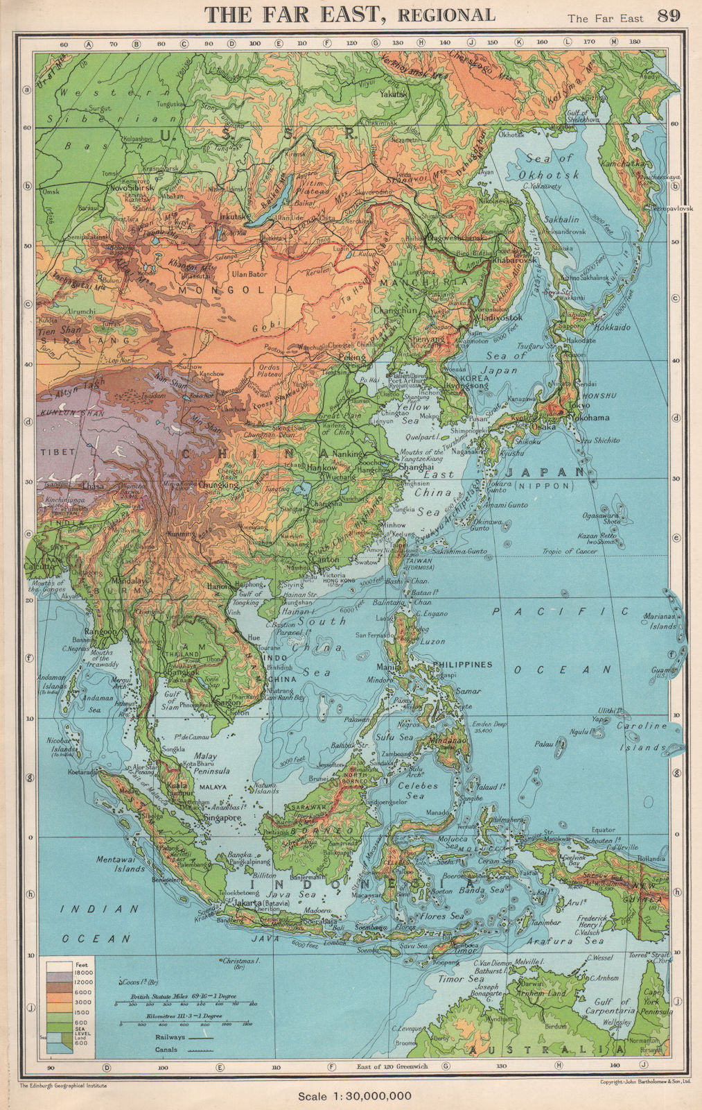 THE FAR EAST PHYSICAL. East Asia East Indies. BARTHOLOMEW 1952 old ...