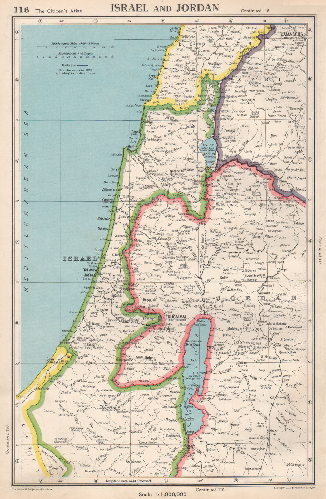 ISRAEL & JORDAN. West Bank shown as Jordanian. Gaza as Egyptian 1952 ...