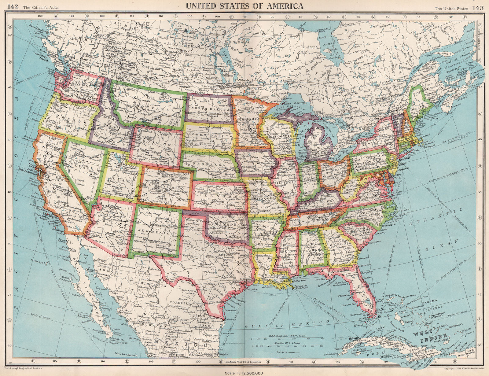 USA. United States of America. State map. BARTHOLOMEW 1952 old vintage ...