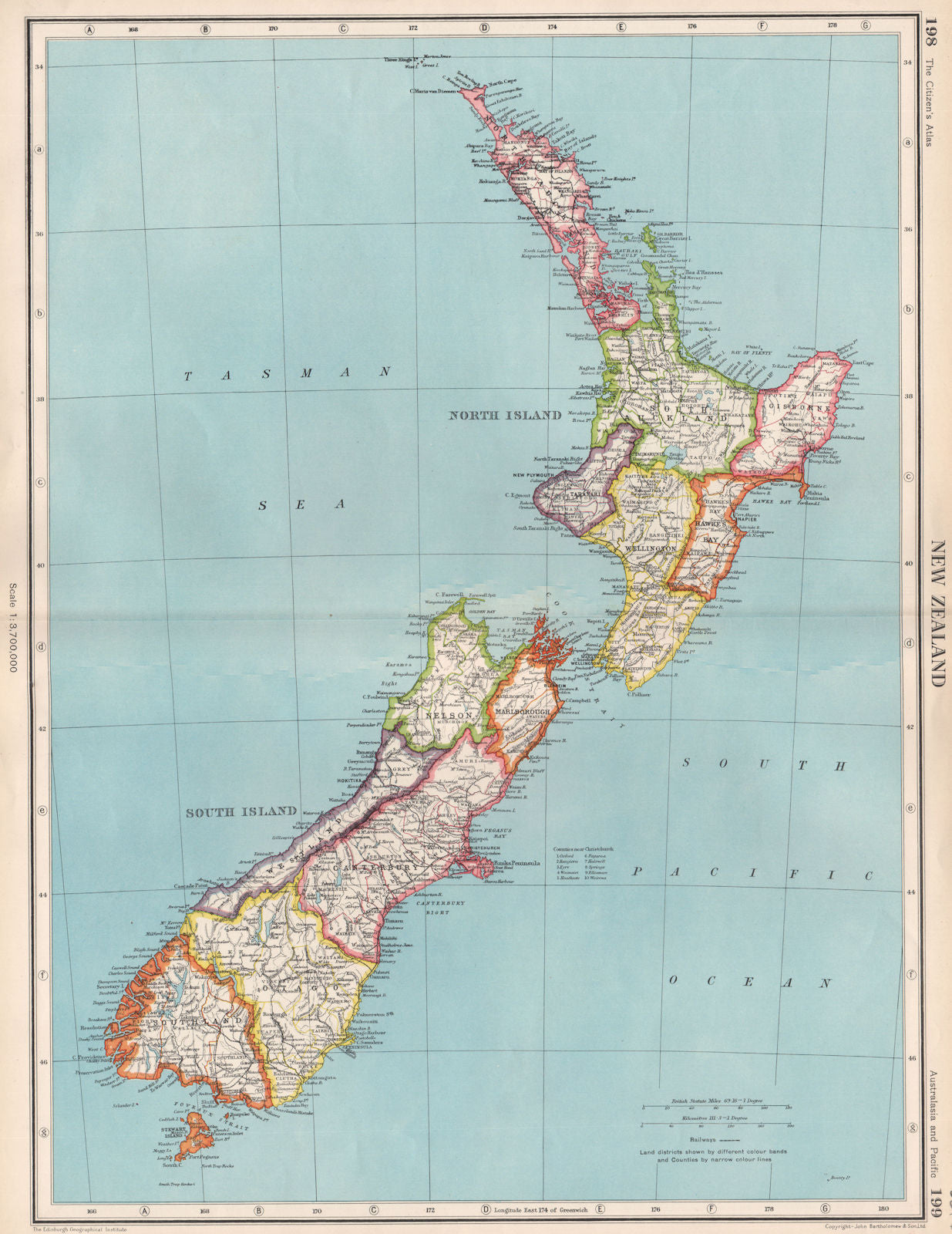 NEW ZEALAND. Showing provinces. BARTHOLOMEW 1952 old vintage map plan ...