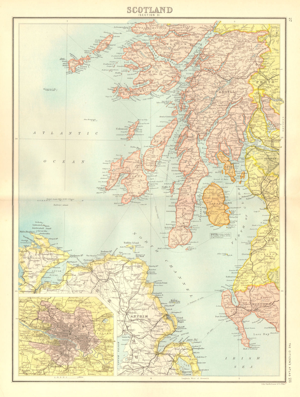 ARGYLL & ANTRIM. Scotland SW. Islay Jura Arran Bute Kintyre. Glasgow ...