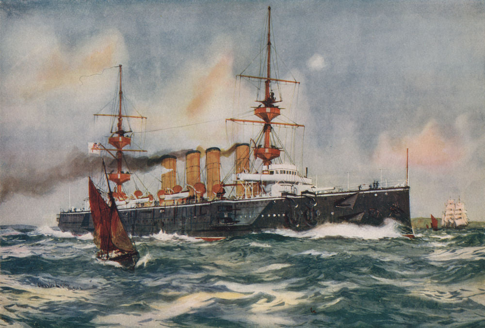 ROYAL NAVY. Cruiser HMS "Powerful" in the Channel. Launched Barrow 1895 ...