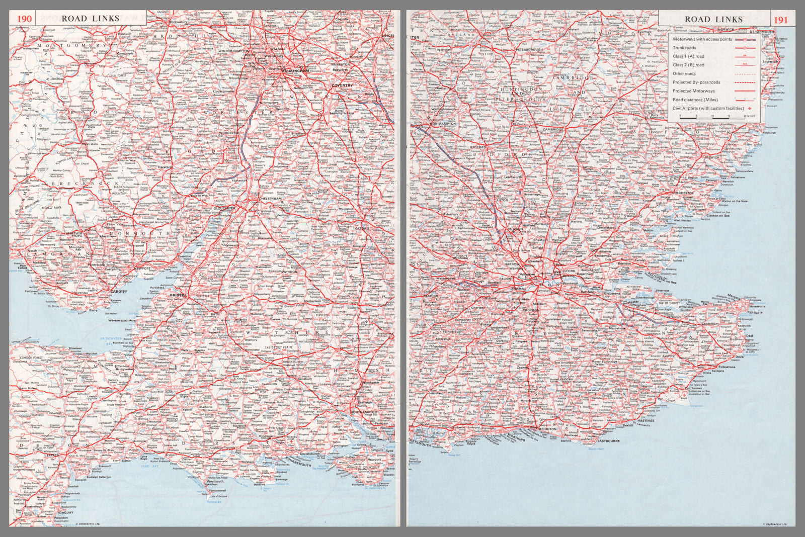 SOUTHERN ENGLAND ROADS. Part built M1 M2 M5 M50 M4 A20 (M) . 2 sheets ...