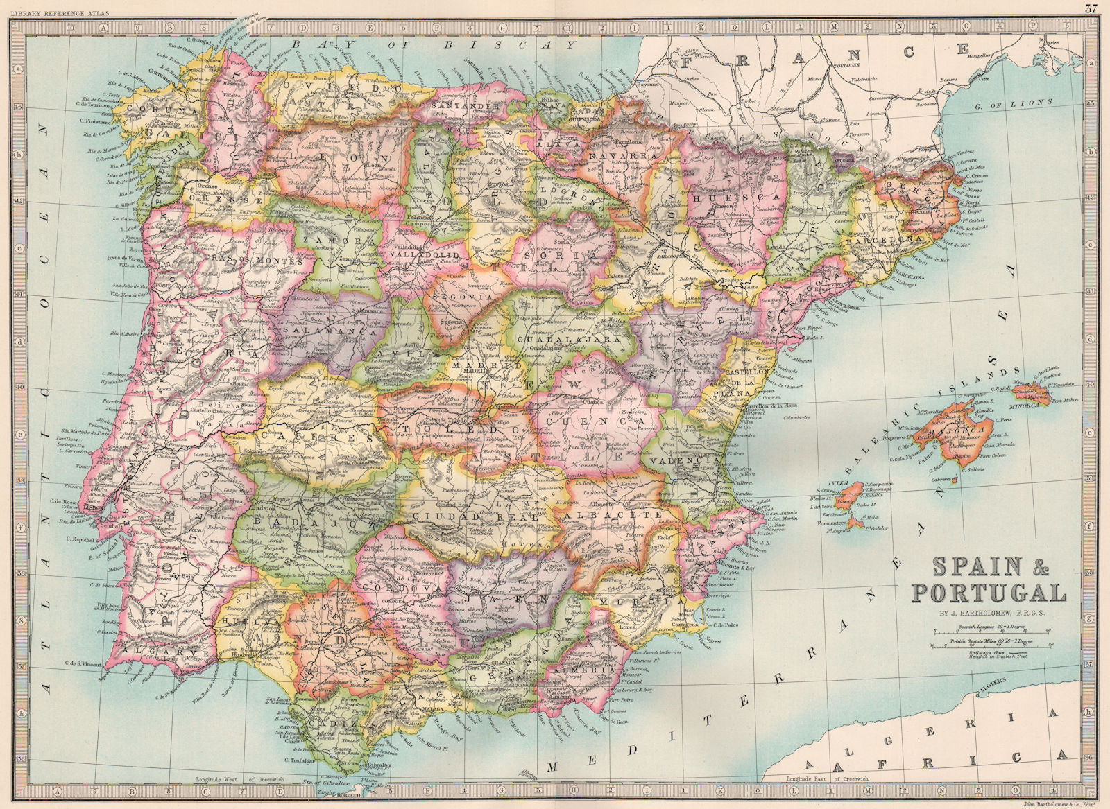 IBERIA. Spain & Portugal. Provinces. BARTHOLOMEW 1890 old antique map ...