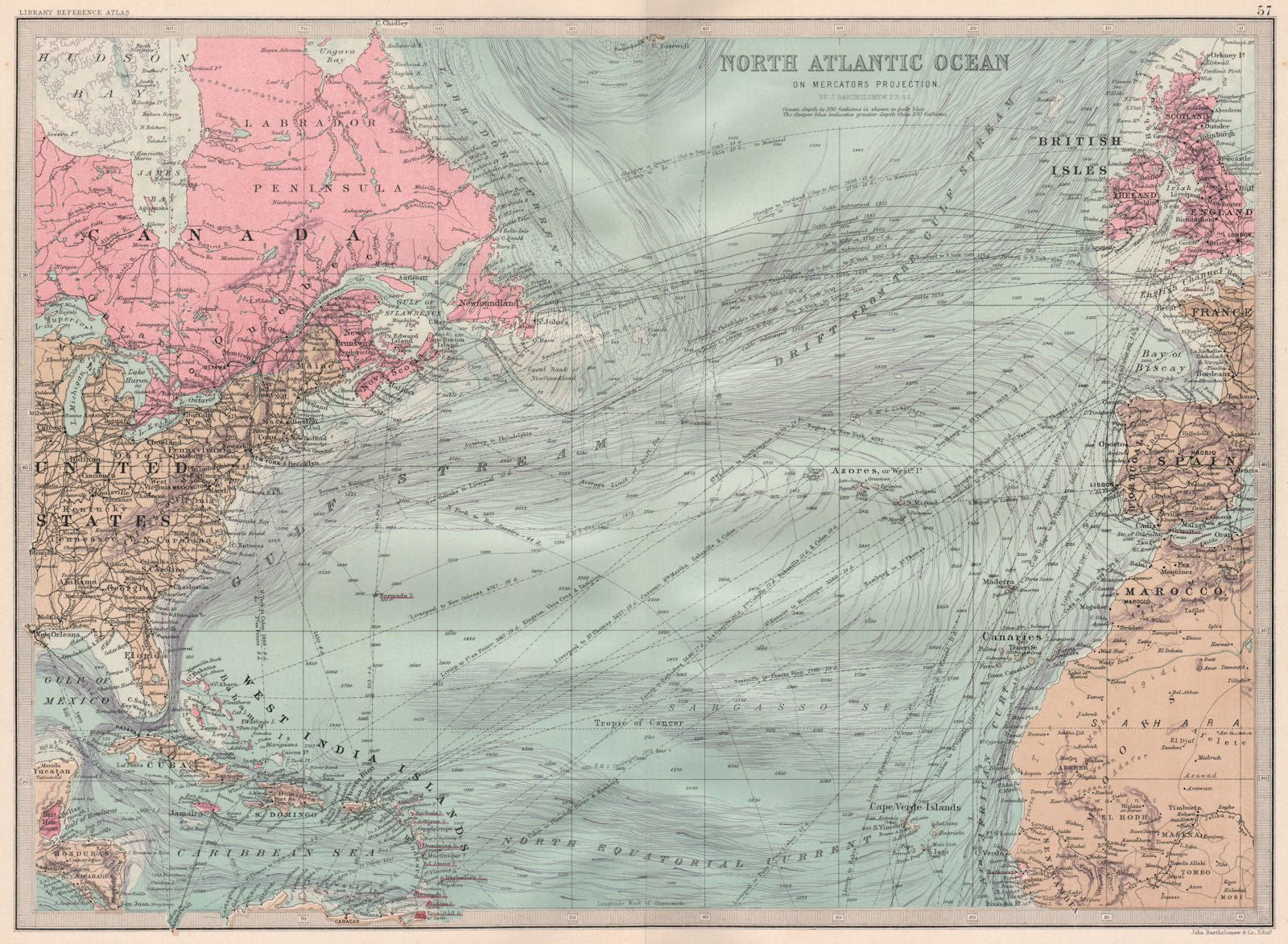 NORTH ATLANTIC. showing shipping routes Telegraph cables ocean currents ...