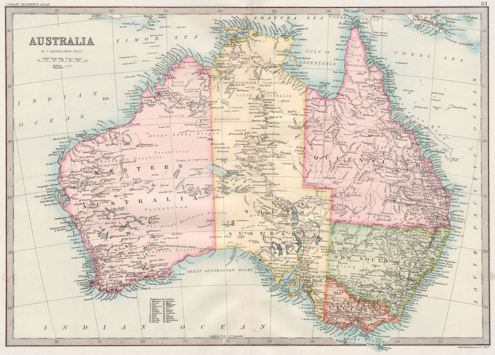 AUSTRALIA. showing explorers' routes. BARTHOLOMEW 1890 old antique map ...