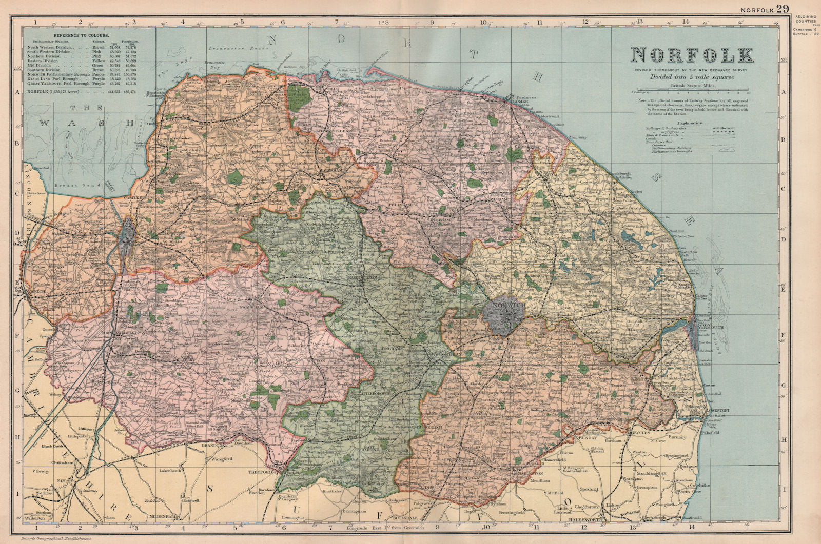 NORFOLK. Showing Parliamentary divisions, boroughs & parks. BACON 1896 ...