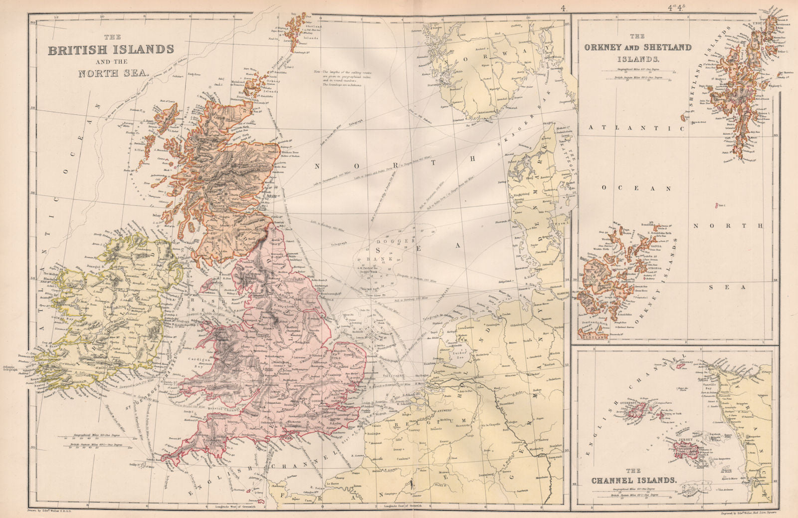 BRITISH ISLES & NORTH SEA. Dogger bank. Ocean depths. Shipping routes ...