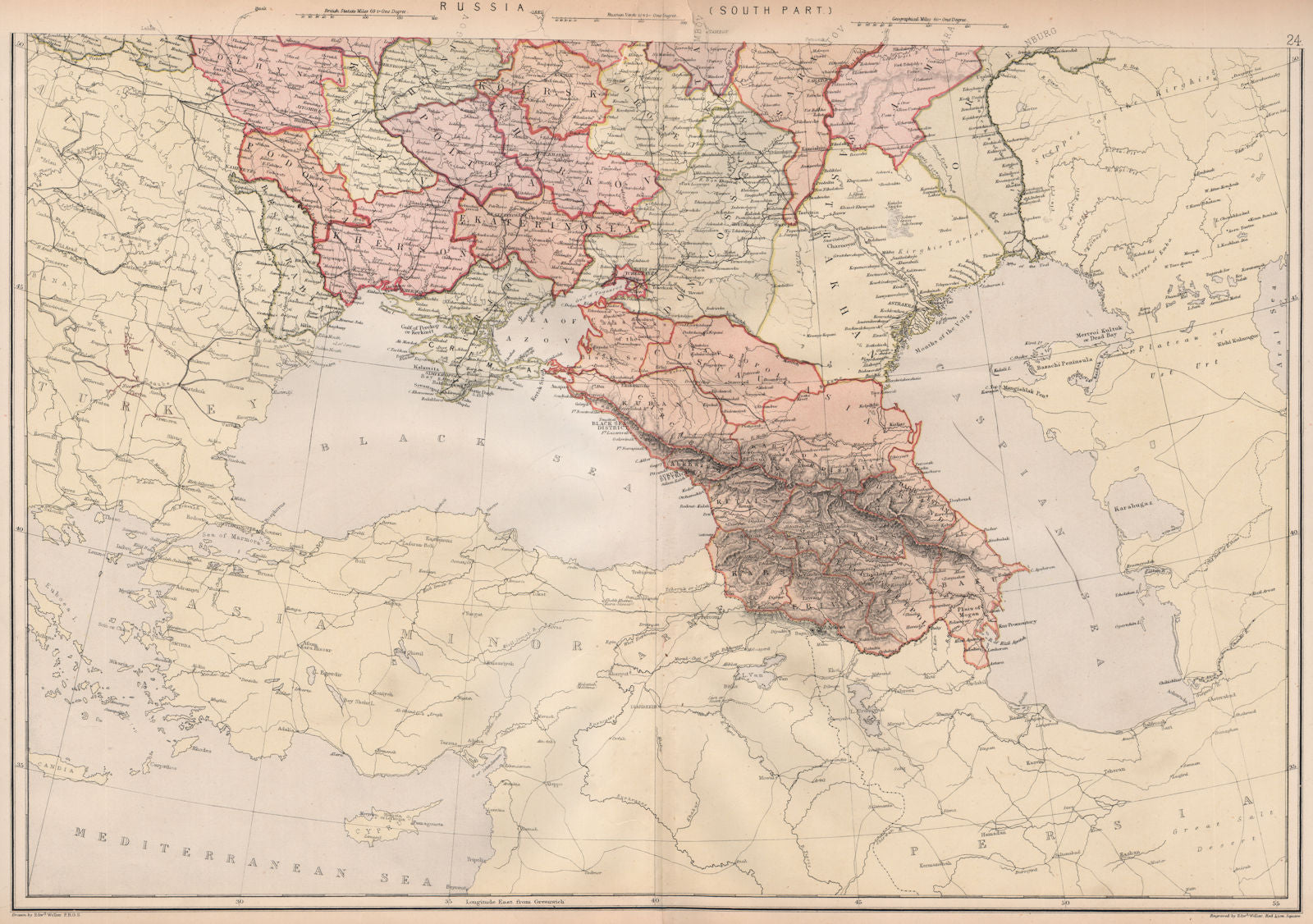 RUSSIA IN EUROPE S. Ukraine Caucasus Bessarabia.Oblasts.Scale in Versts ...