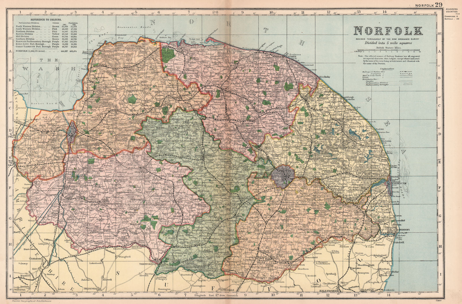 NORFOLK. Showing Parliamentary divisions, boroughs & parks. BACON 1901 ...