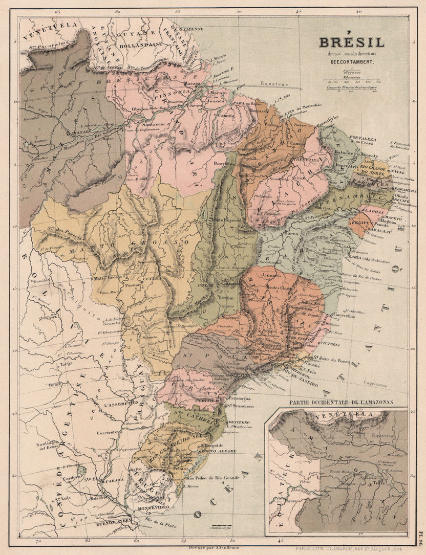 BRAZIL Brésil Brasil in provinces. CORTAMBERT 1880 old antique map plan ...